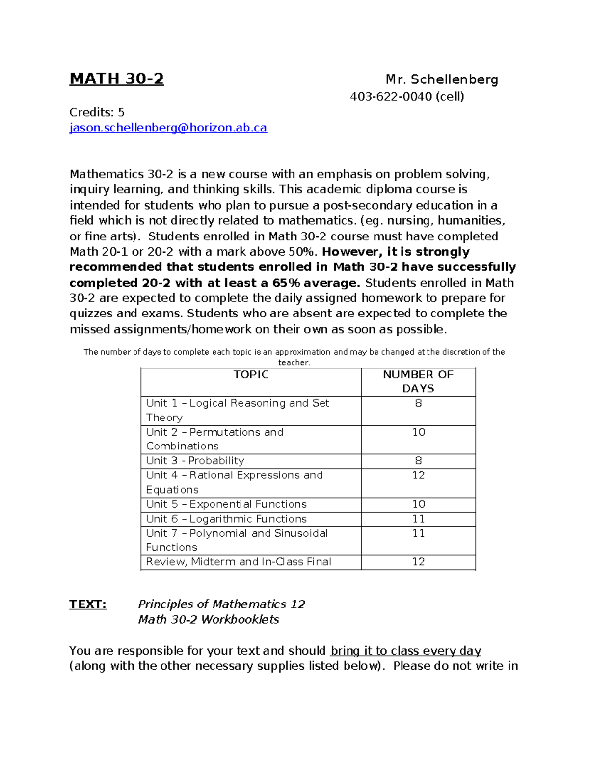 Math 30-2 Course Outline - Emphasis on Problem Solving and Inquiry ...