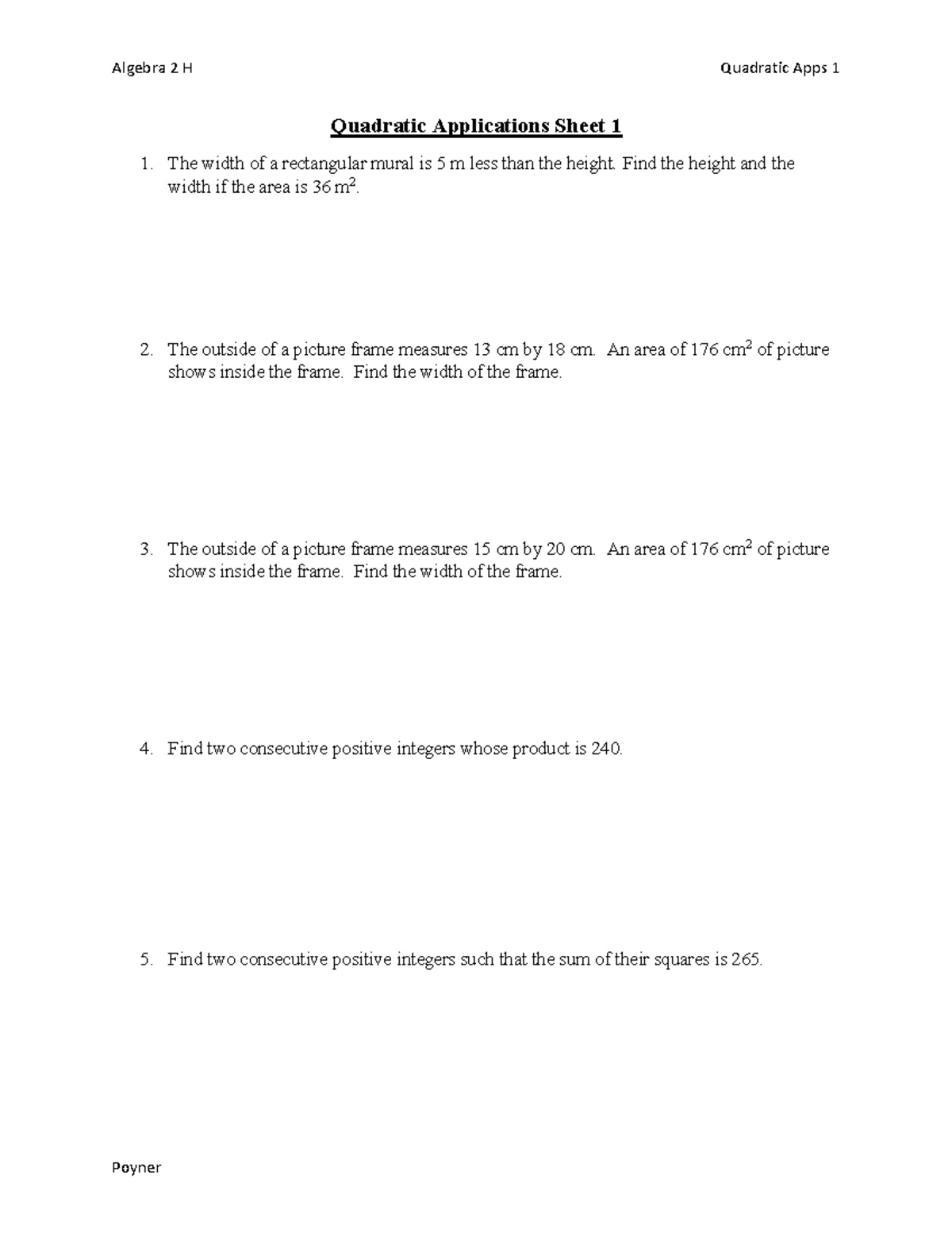 Algebra 2 H: Quadratic Applications Sheet 1 Solutions and Problems ...