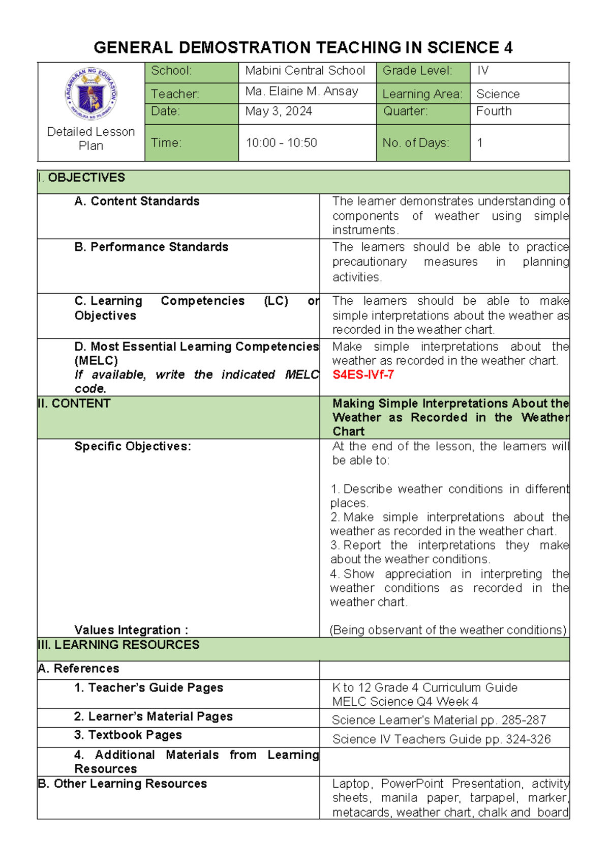 #3 DLP- Science-IV: Weather Interpretations Detailed Lesson Plan - Studocu