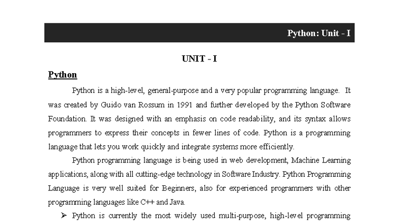 Python: Unit I Overview and Key Concepts - Studocu