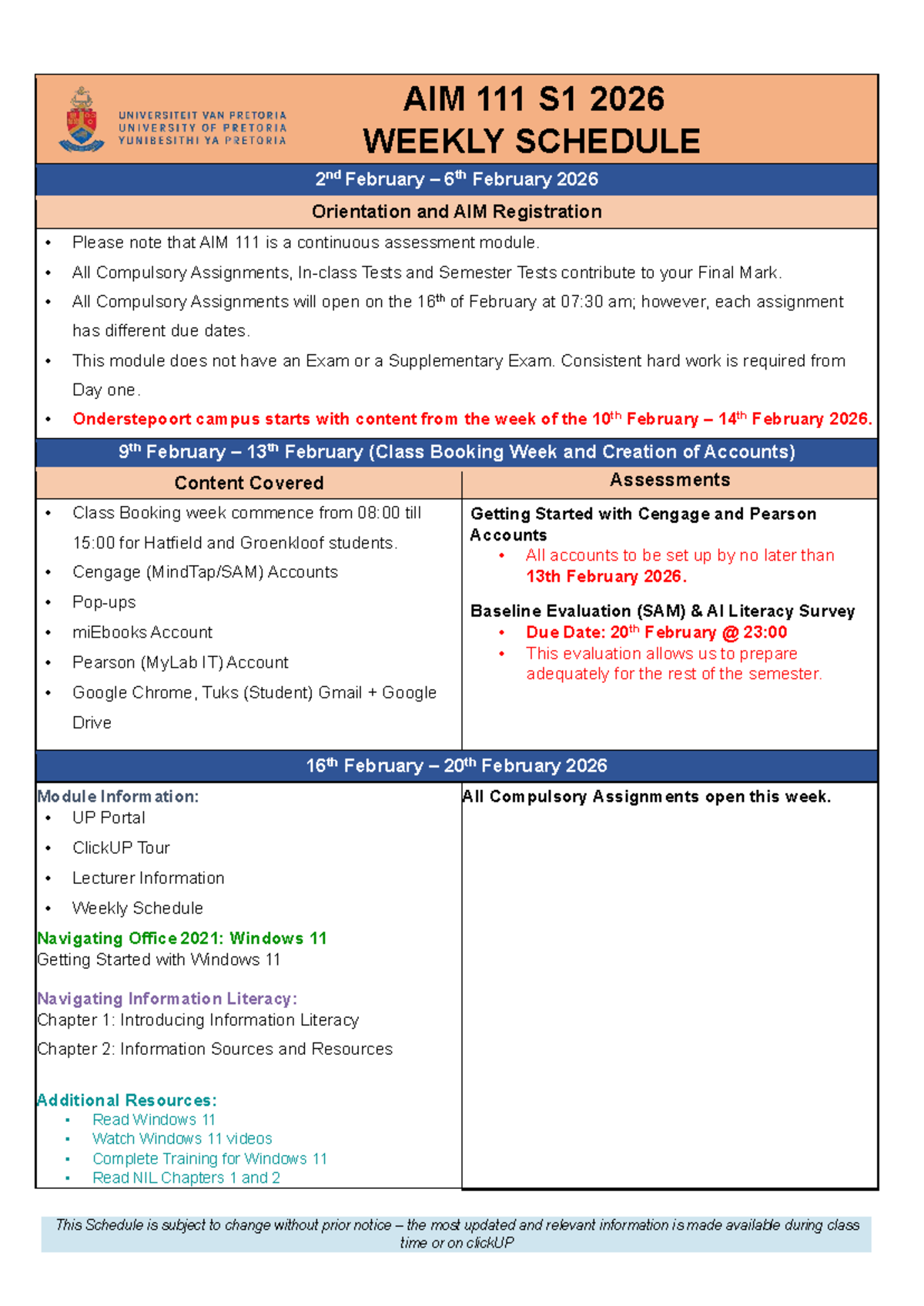 AIM 111 S1 2026 Weekly Schedule: Orientation & Assessments - Studocu