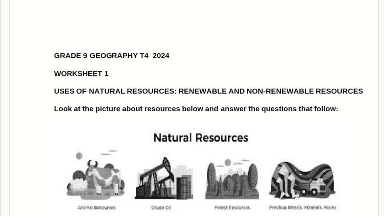 GRADE 9 GEOGRAPHY T4 2024 WORKSHEET 1: USES OF RENEWABLE NATURAL ...