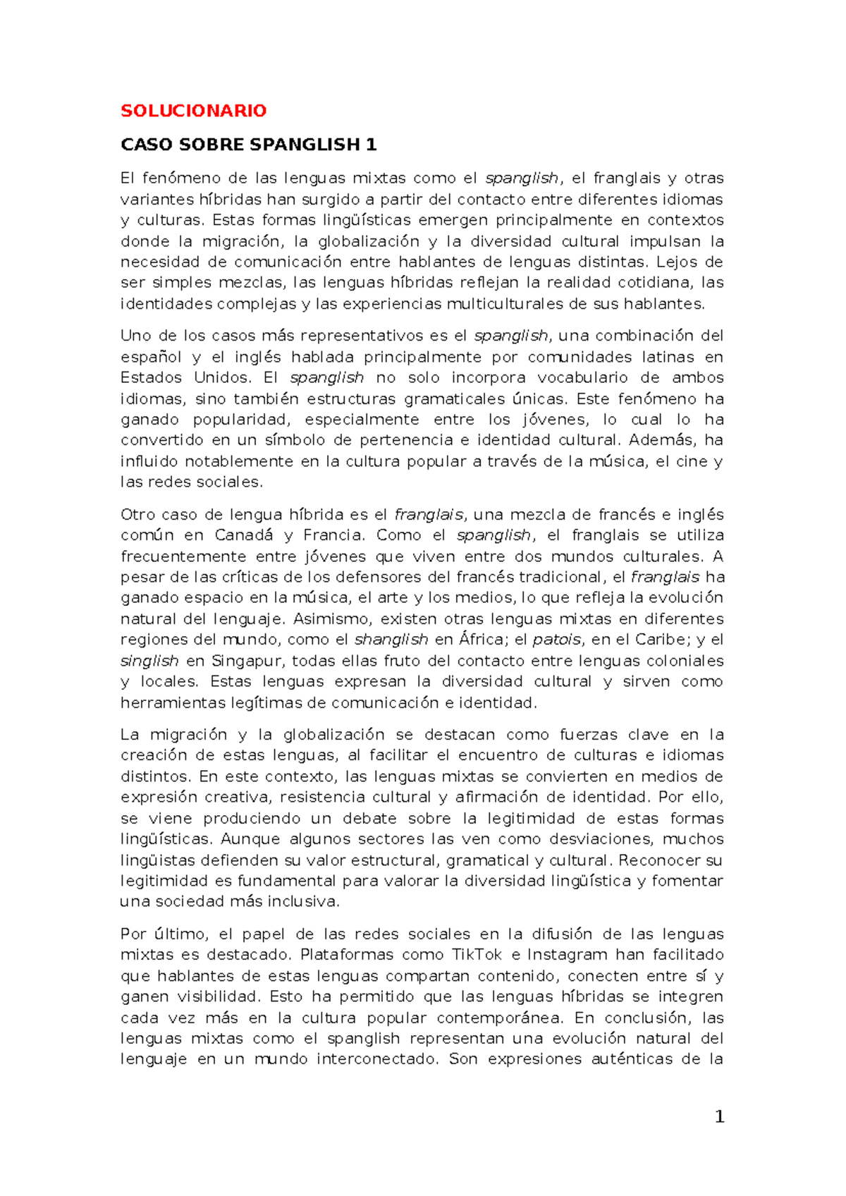 Solucionario: Caso sobre Spanglish y su Impacto Cultural - Studocu