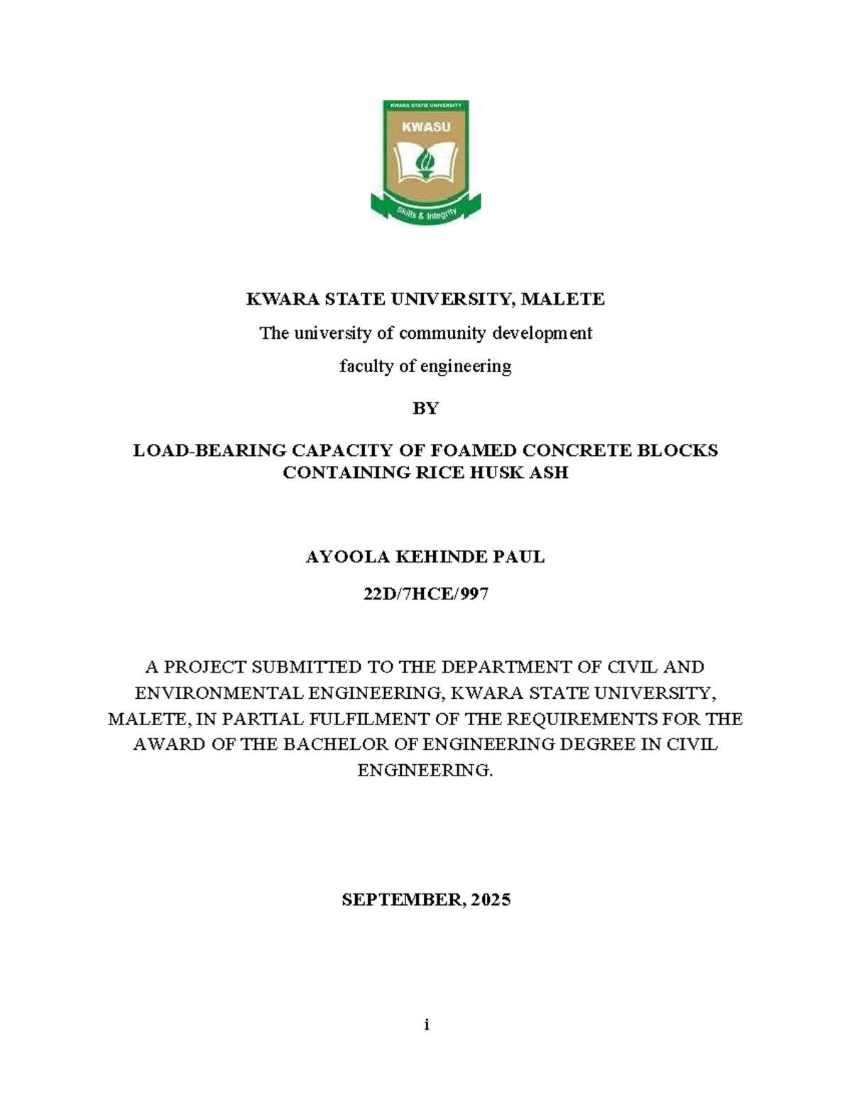 Capacity of Foamed Concrete Blocks with Rice Husk Ash - CE 2025 - Studocu
