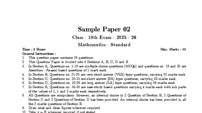 NODIA APP Sample Paper 02 Class 10 Mathematics Exam 2025-26 - Studocu