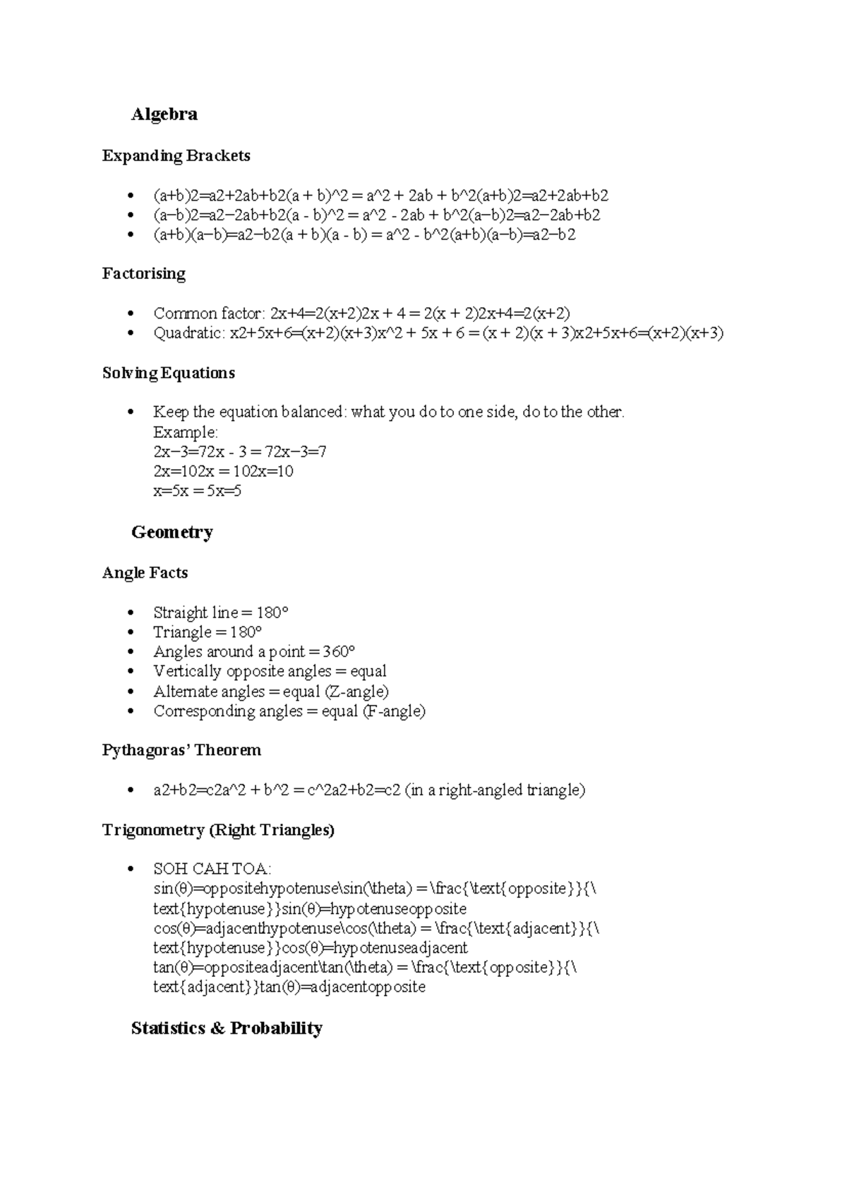 Algebra, Geometry, & Statistics Review Notes (Math 101) - 📏 Algebra ...