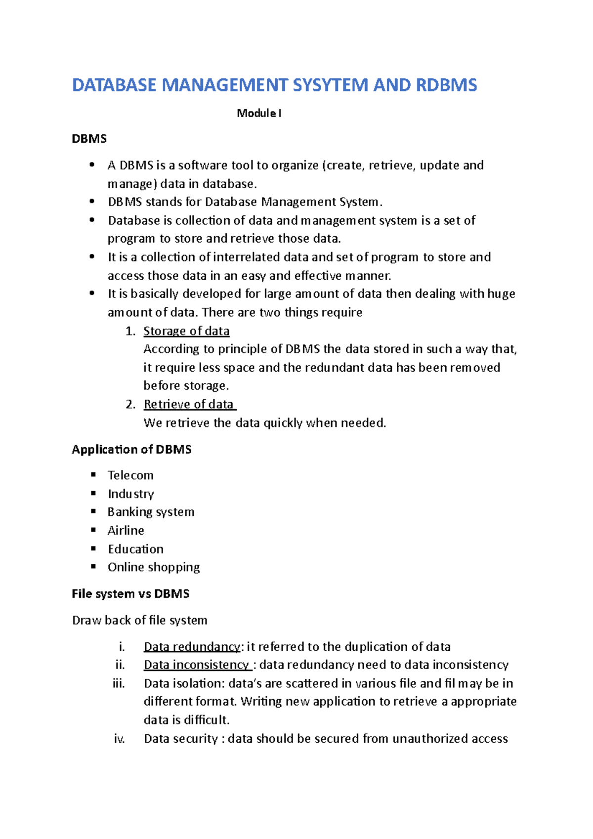 DBMS 1 - Lecture notes of Fourth semester dbms module 1 - DATABASE ...