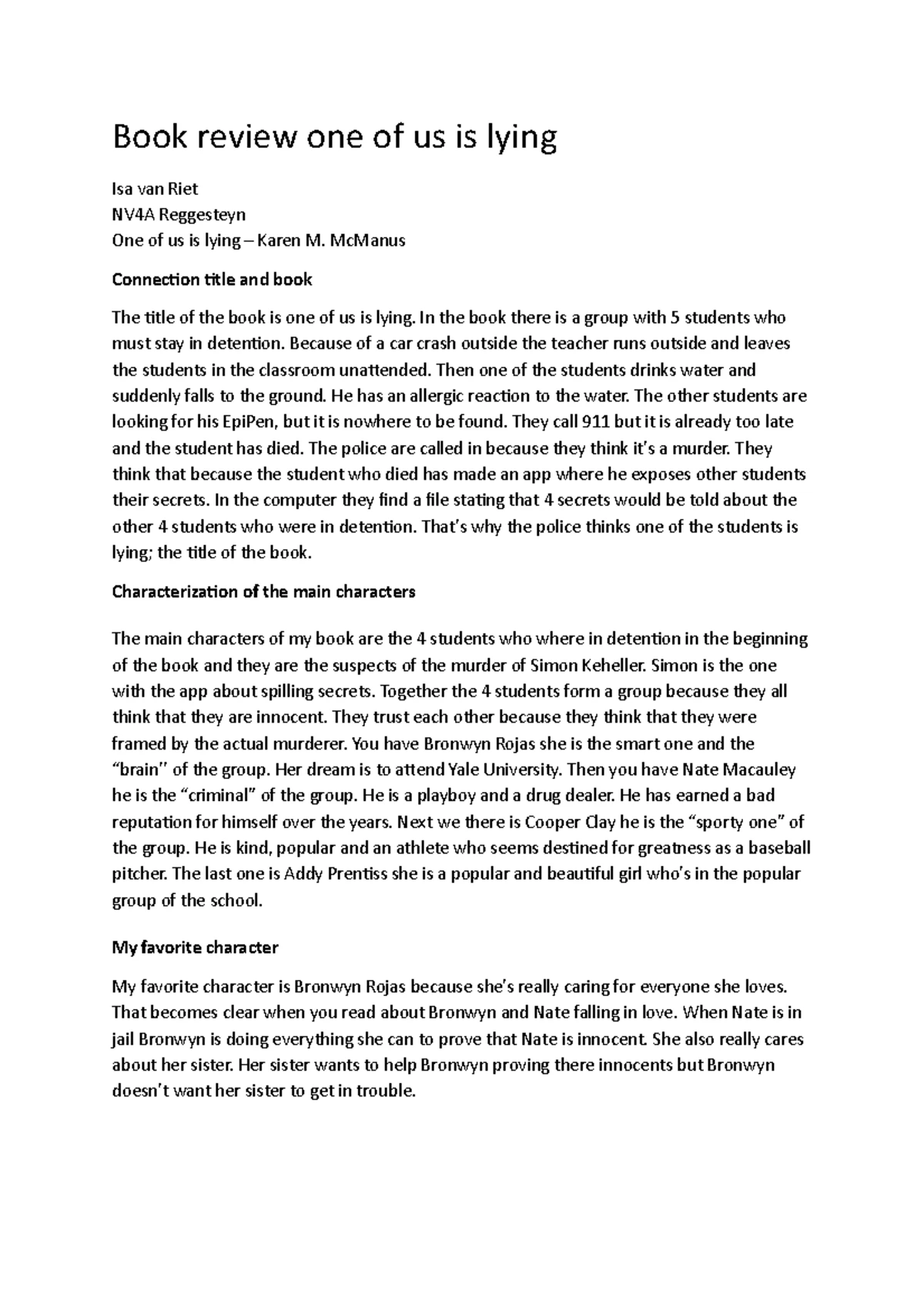 Book Report: One of Us Is Lying (4H) - Summary and Analysis - Studeersnel