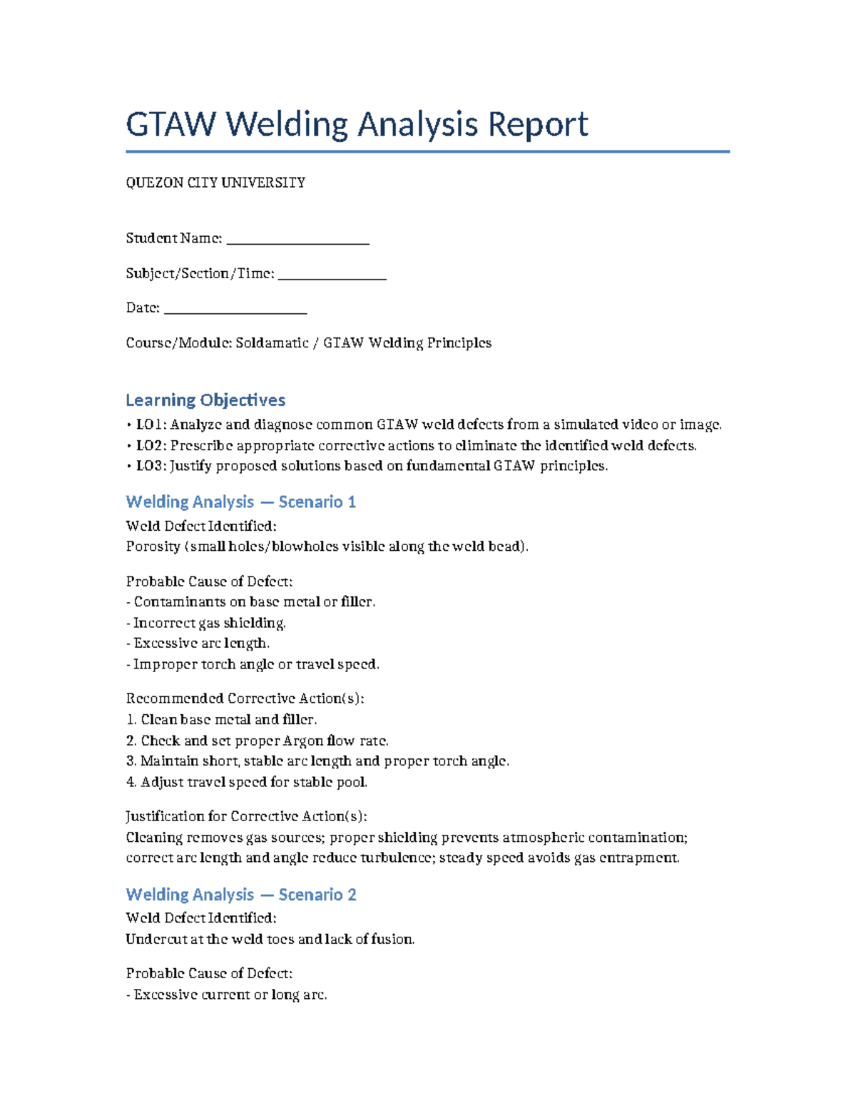 GTAW Welding Analysis Report - Defect Diagnosis & Solutions - Studocu