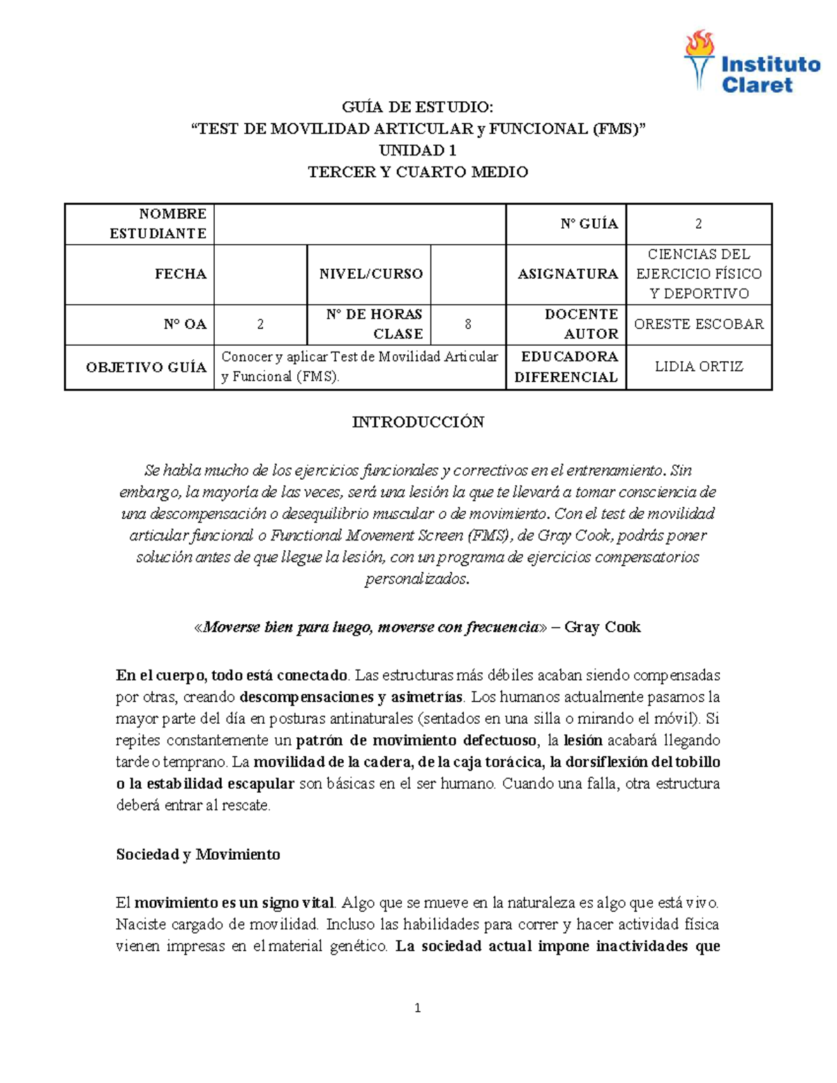 Guía de Estudio: Test de Movilidad Articular Funcional FMS - Tercer y ...