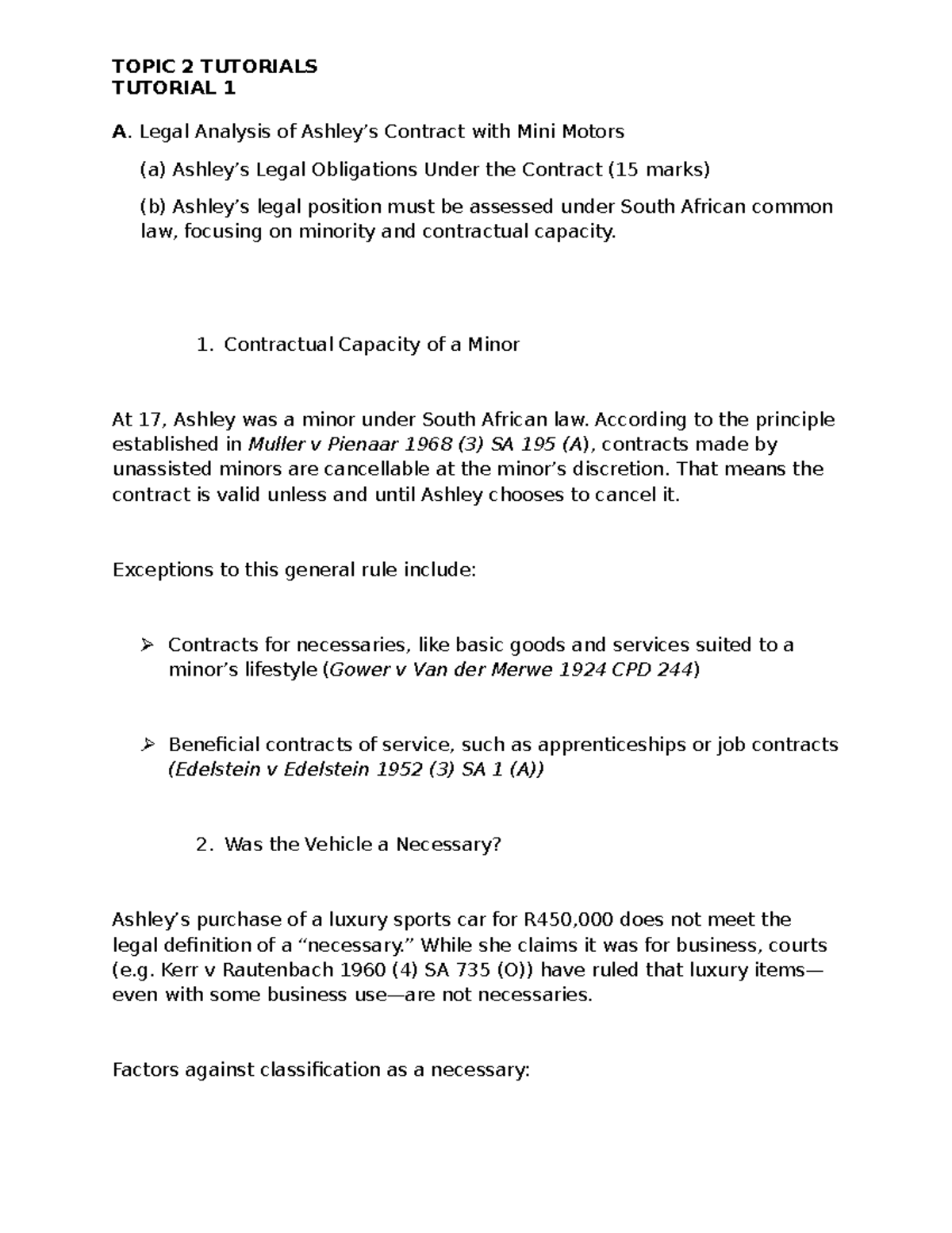 TOPIC 2 TUTORIALS: Legal Analysis of Contracts in SA Law - Studocu