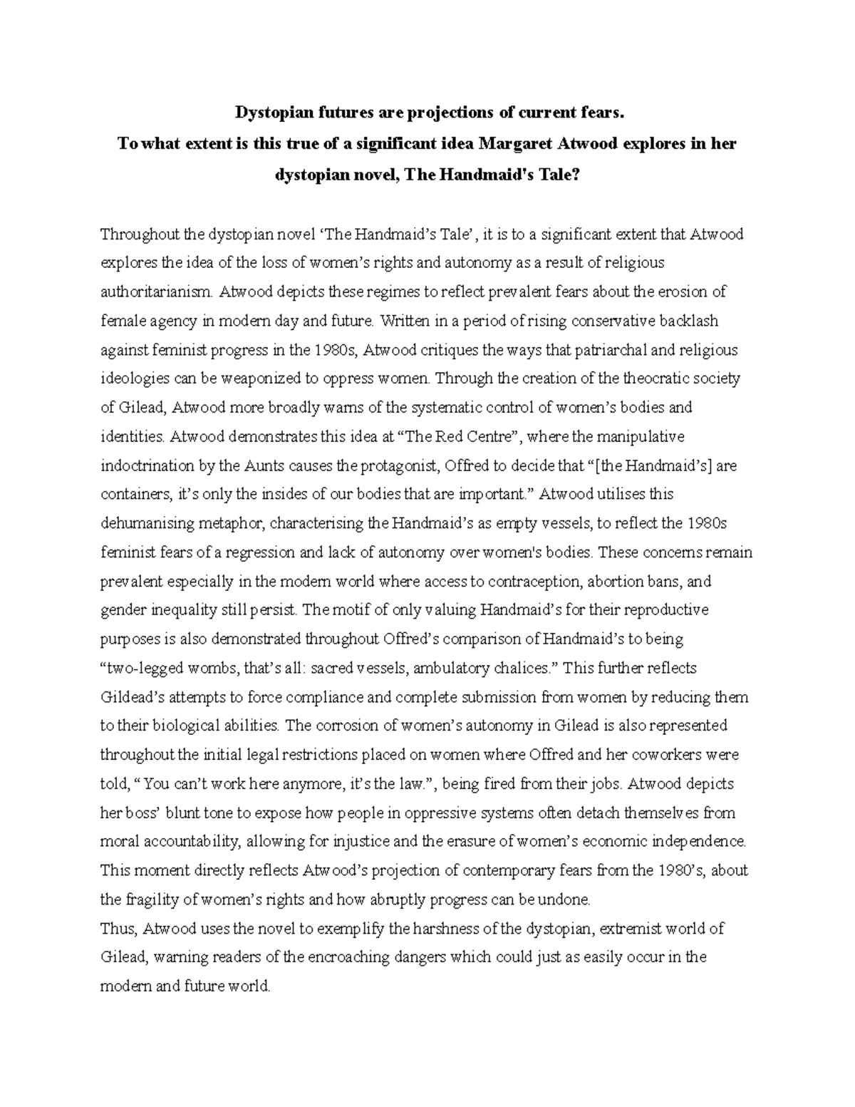 Practice Essay Notes: Analyzing Dystopian Themes in The Handmaid's Tale ...
