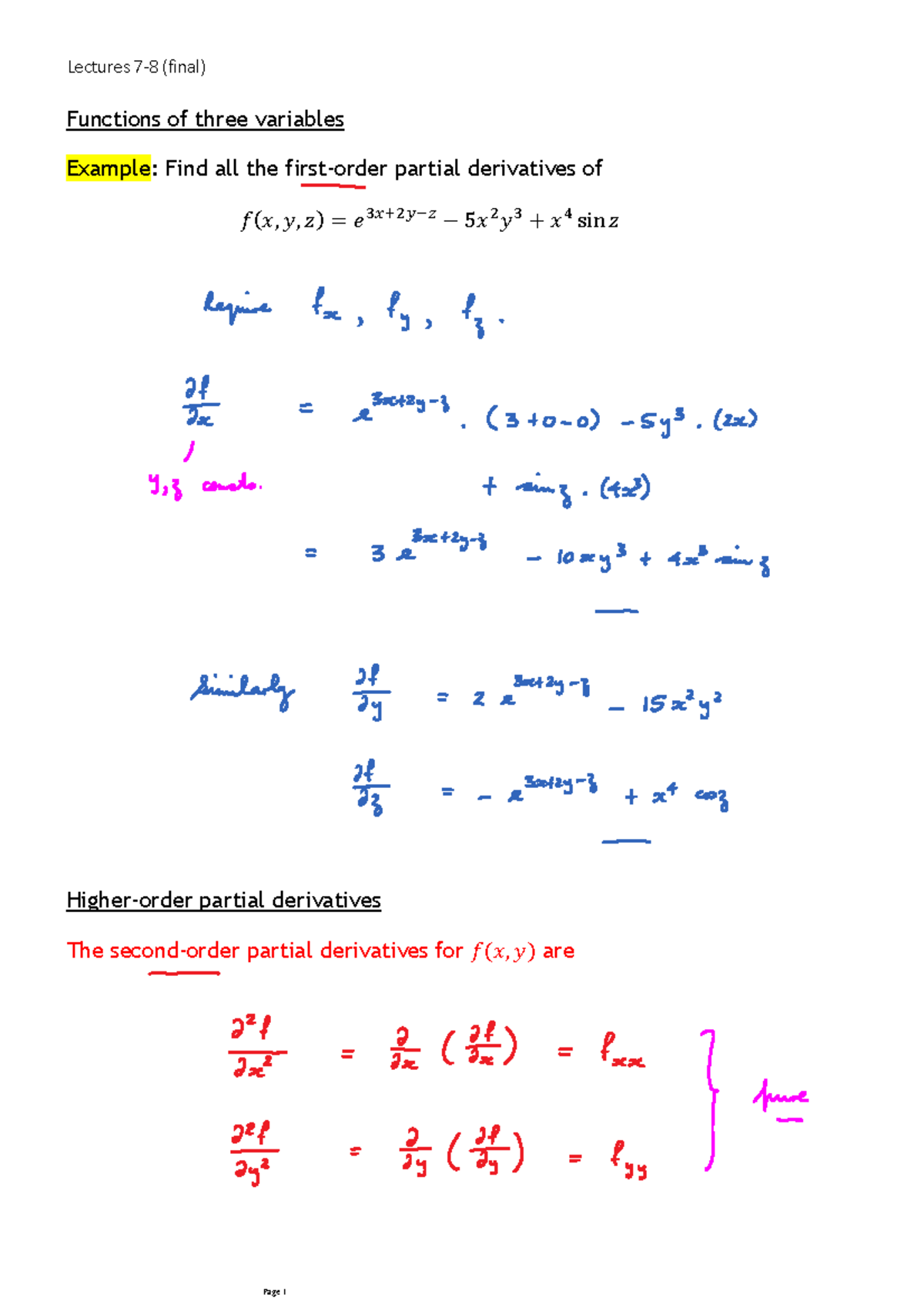 Lectures 7-8 (Final) on Functions of Three Variables and Partial Derivatives - Studocu