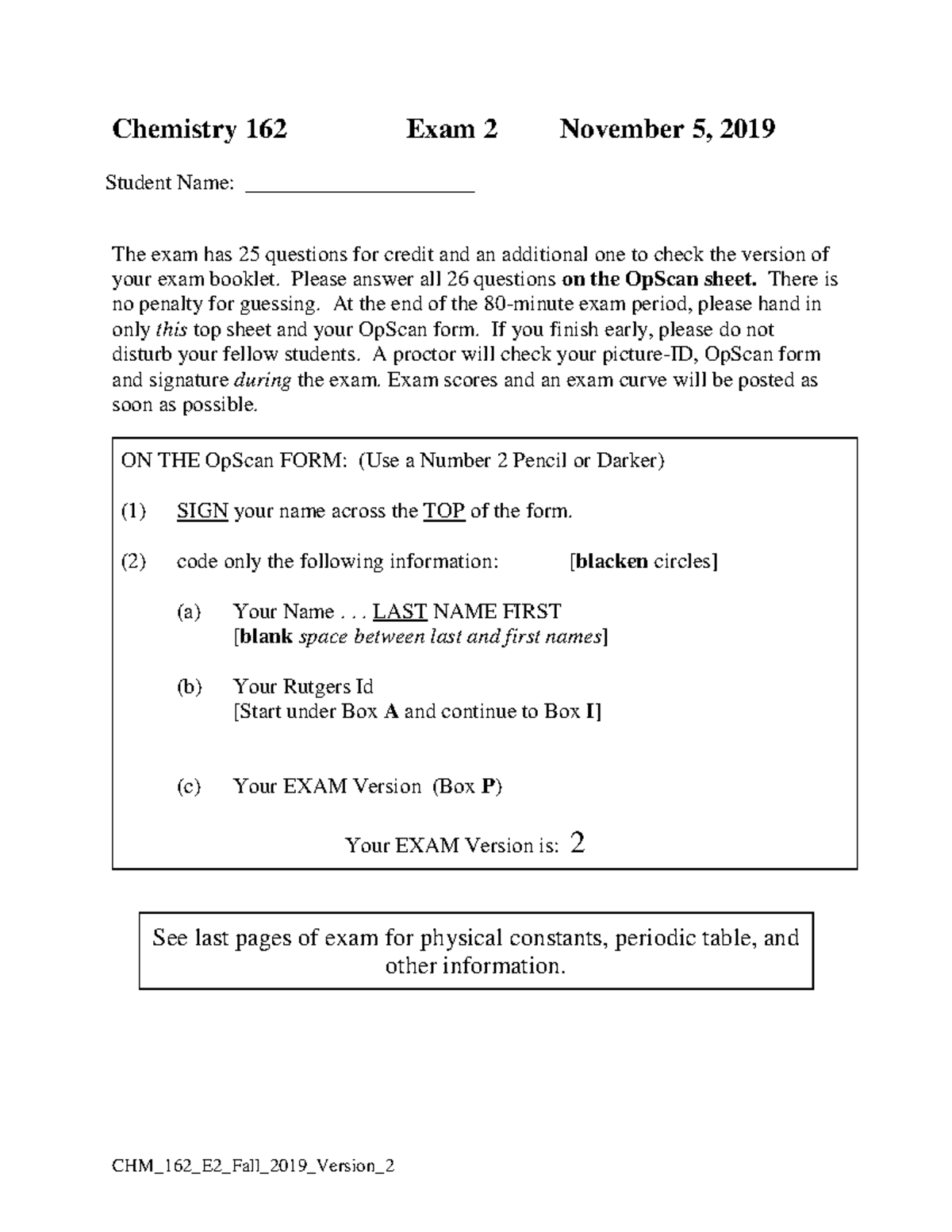 Chemistry 162 Exam 2 Fall 2019 - Practice Questions with Key - Studocu