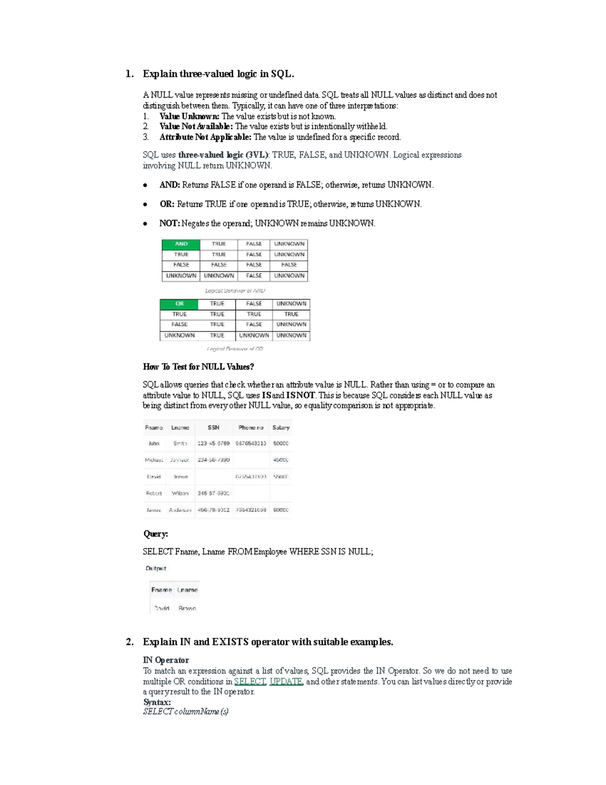 SQL Logic and Operators: NULL, IN, EXISTS, and CAP Theorem - Studocu