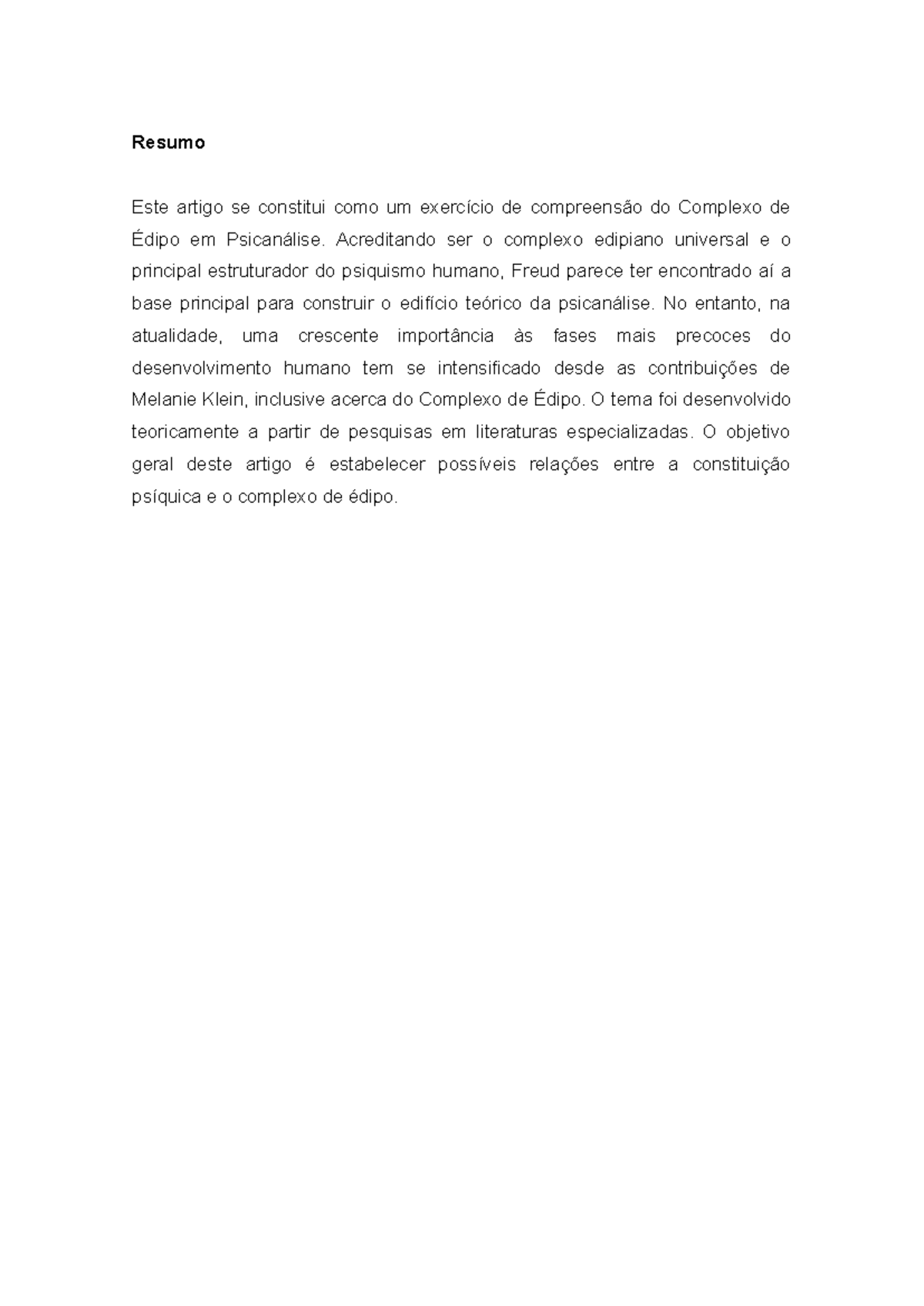 Artigo: Complexo de Édipo e Freud - Análise Psicanalítica - Studocu