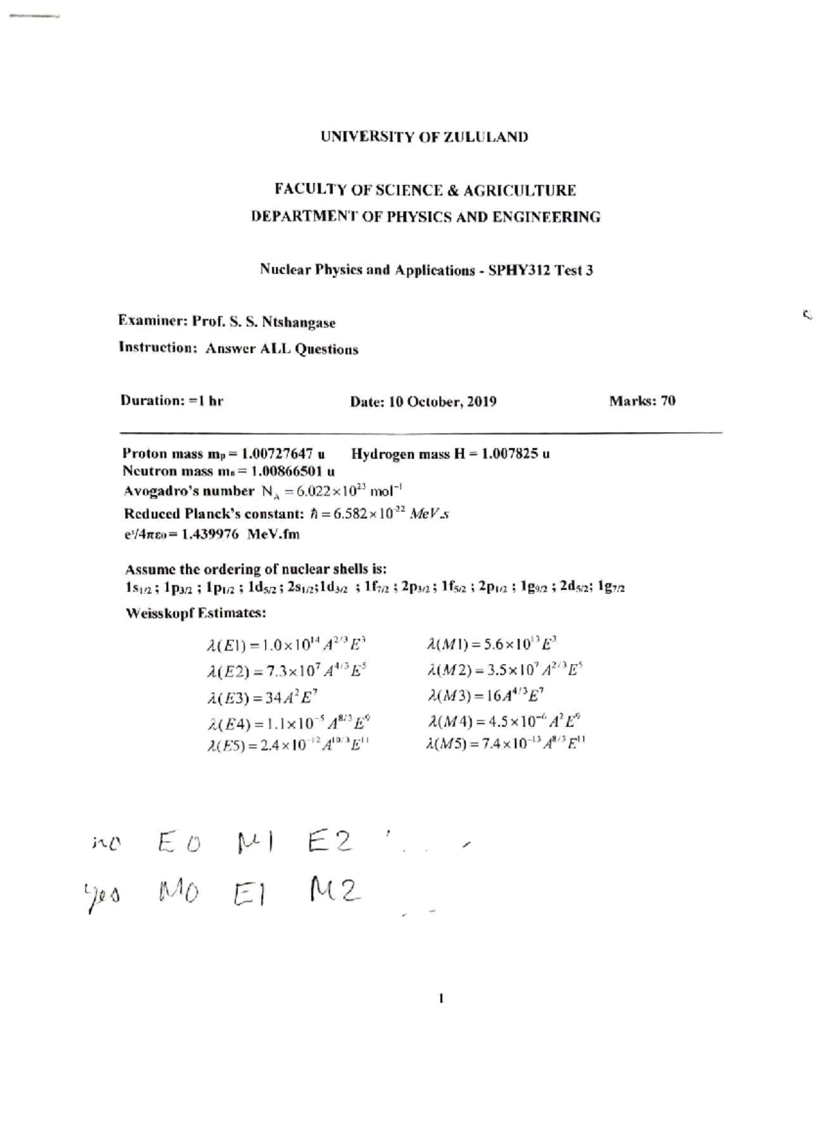 SPHY312 2019 Nuclear Physics Test 3 Notes and Questions - Studocu