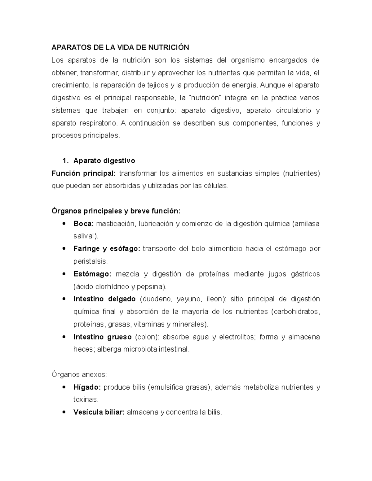 APARATOS DE LA VIDA DE NUTRICIÓN: Funciones y Procesos Clave - Studocu