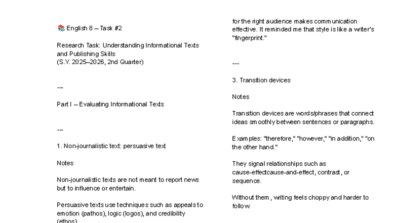📚 English 8 – Task #2 - 📚 English 8 – Task # Research Task: Understanding Informational Texts ...