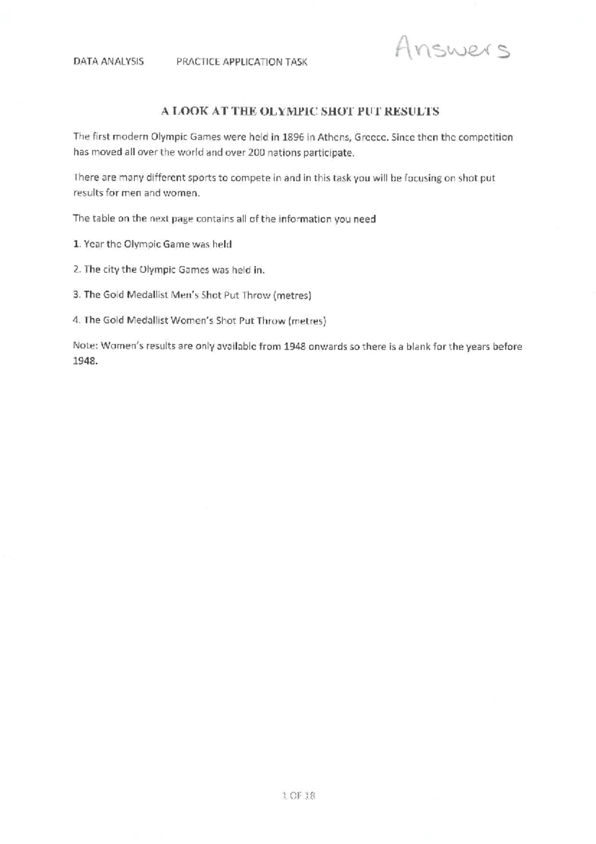 DATA ANALYSIS PRACTICE APPLICATION TASK: OLYMPIC SHOT PUT RESULTS - Studocu