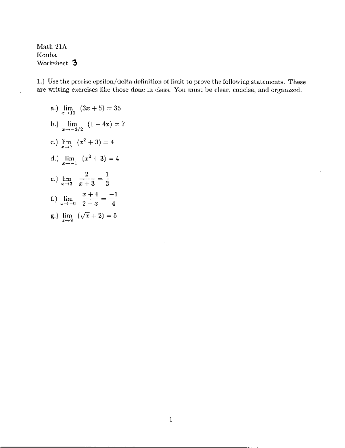 Epsilon-Delta Proofs for Limits - MATH 21A Worksheet 3 - Studocu
