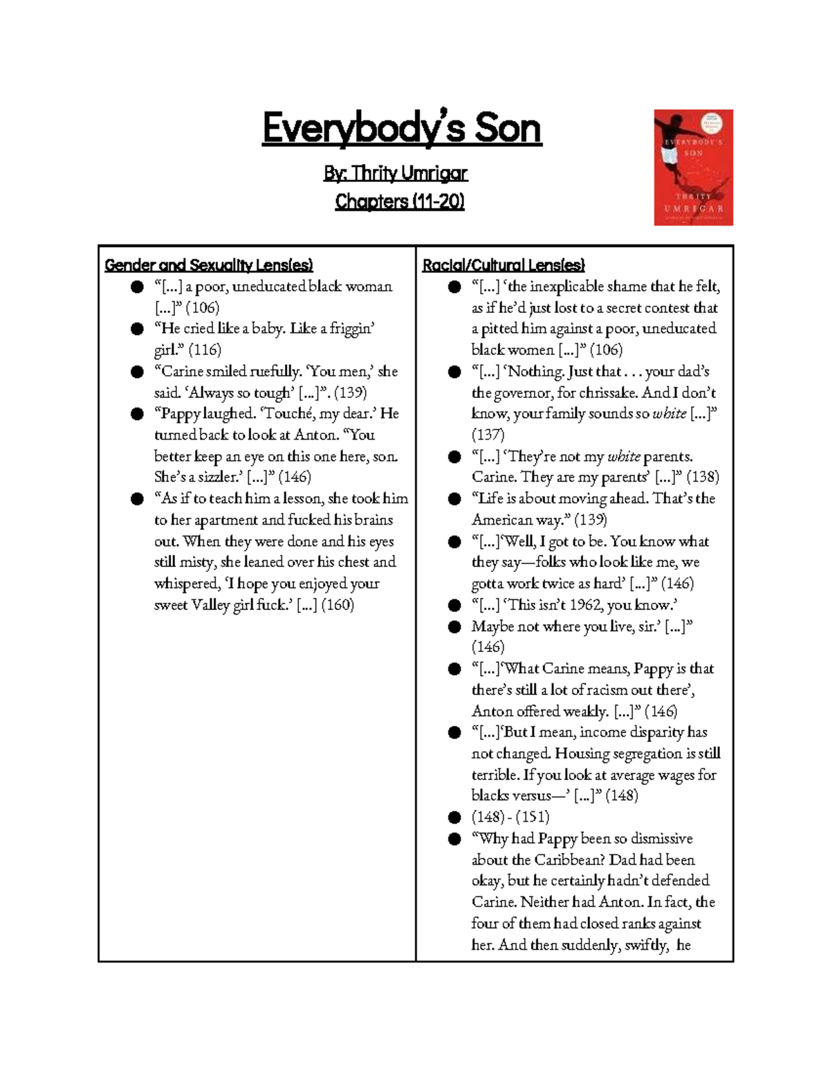 Everybody's Son (Chapters 10-19) Analysis: Gender & Race Perspectives ...