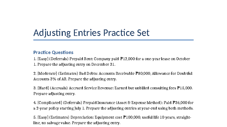 Adjusting Entries Practice Set: Key Questions & Answers - Studocu