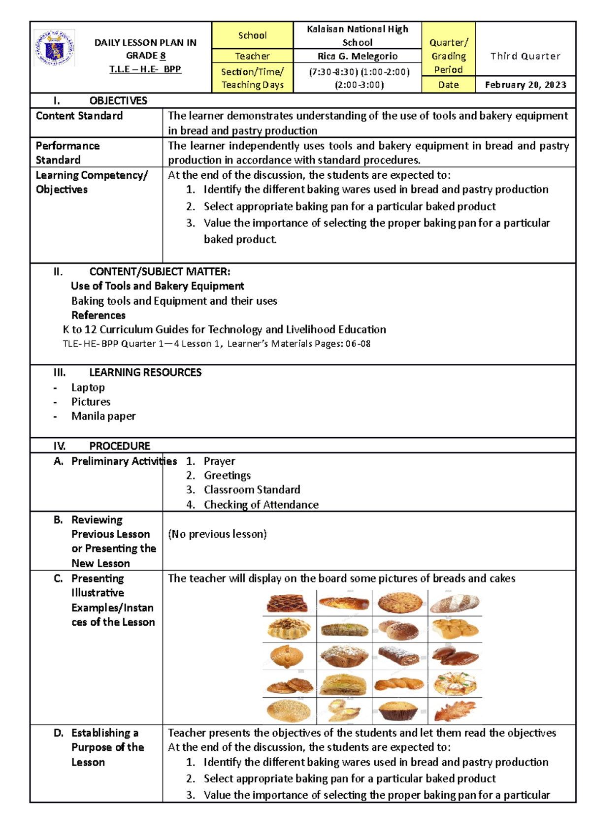 Lesson 1 BPP - dlp format - DAILY LESSON PLAN IN GRADE 8 T.L – H- BPP School Kalaisan National ...