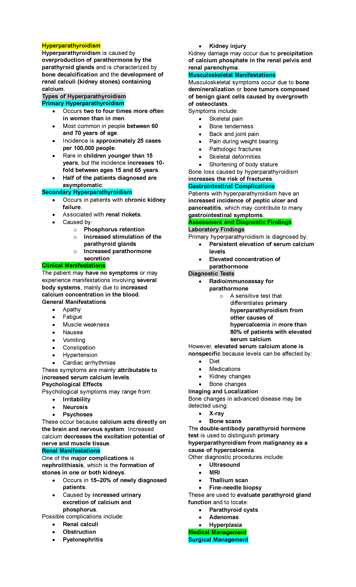 Hyperparathyroidism Overview and Management: Key Insights - Studocu