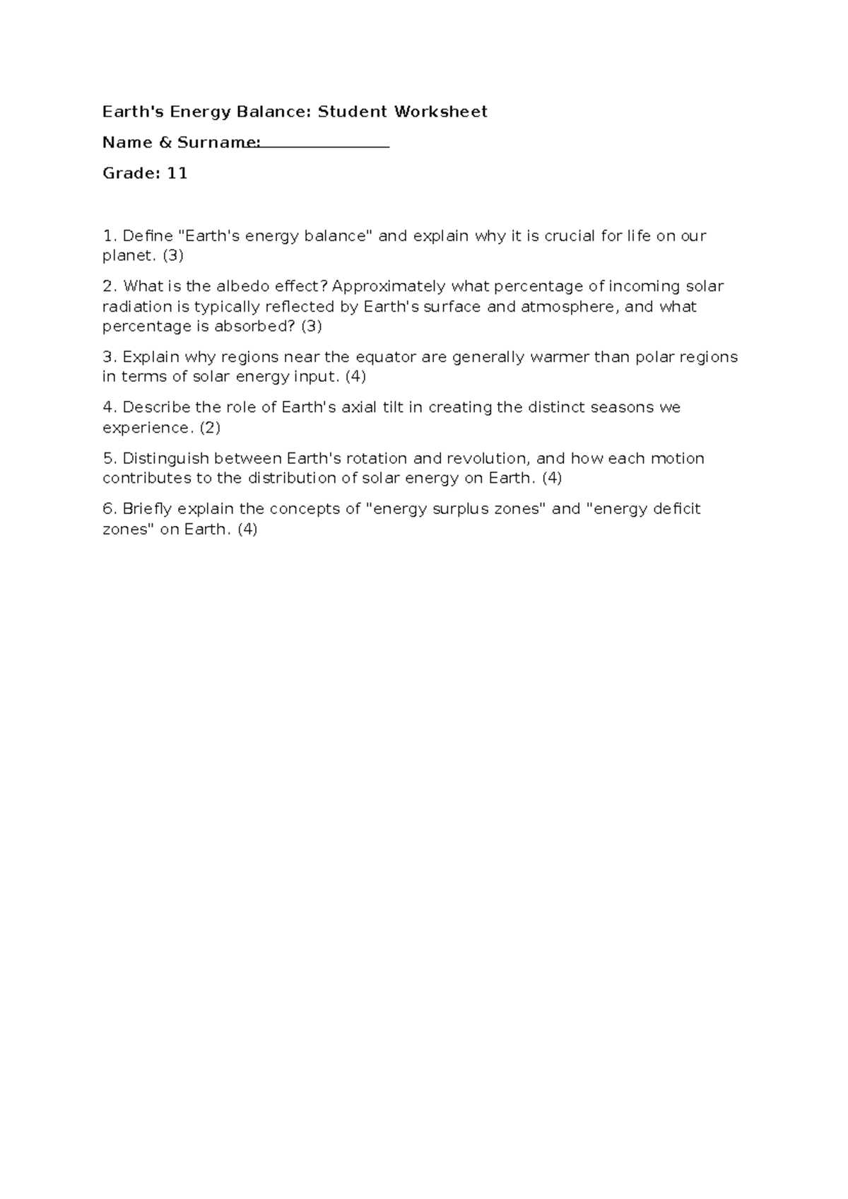 Geography Worksheet: Energy Balance Concepts for Grade 11 - Studocu