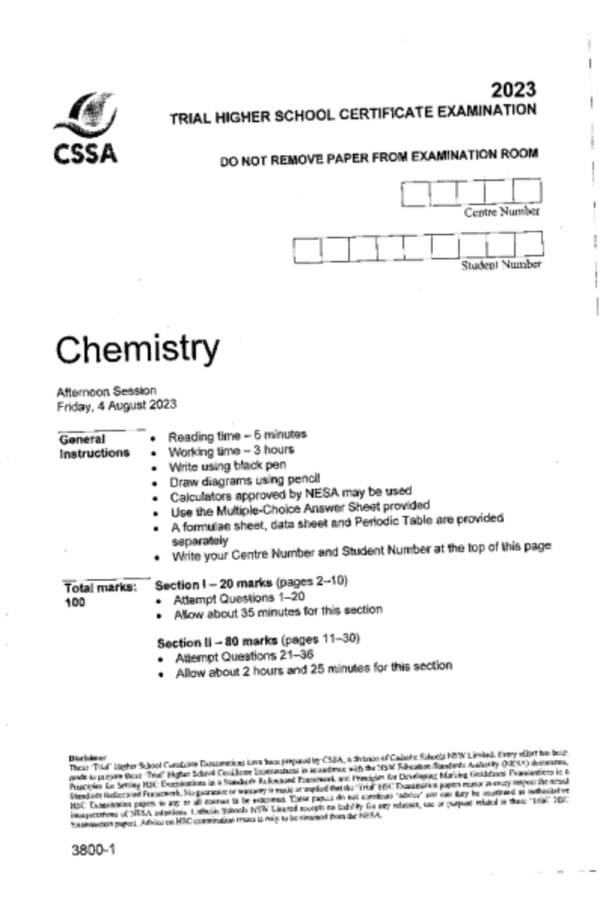 2023 HSC Chemistry CSSA Trial Examination Paper - Afternoon Session - Studocu