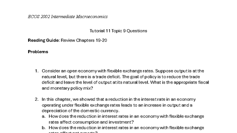 ECOS 2002 Intermediate Macroeconomics Tutorial 11: Topic 9 Q&A Guide ...