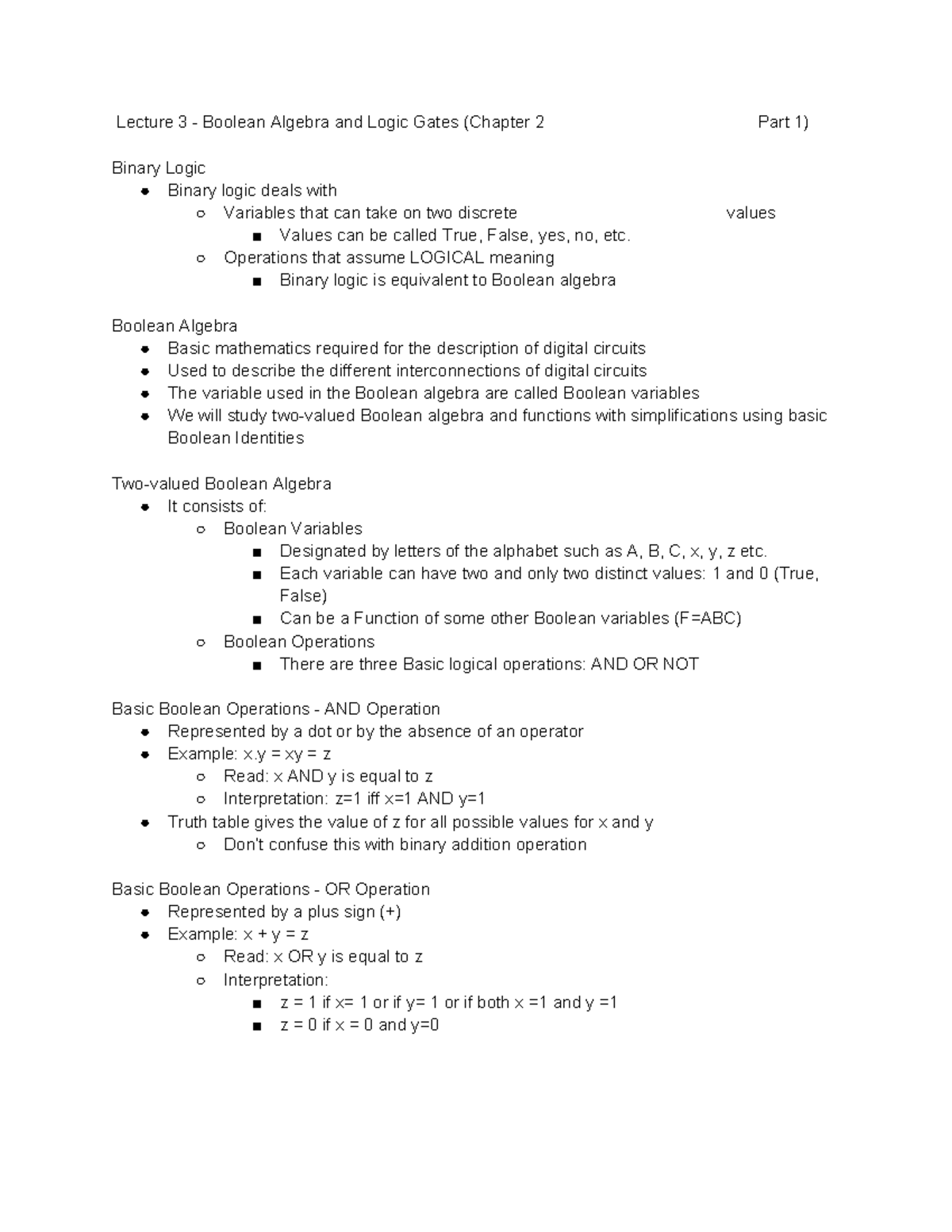 Lecture 3: Boolean Algebra & Logic Gates (Chapter 2 - Part 1) - Studocu