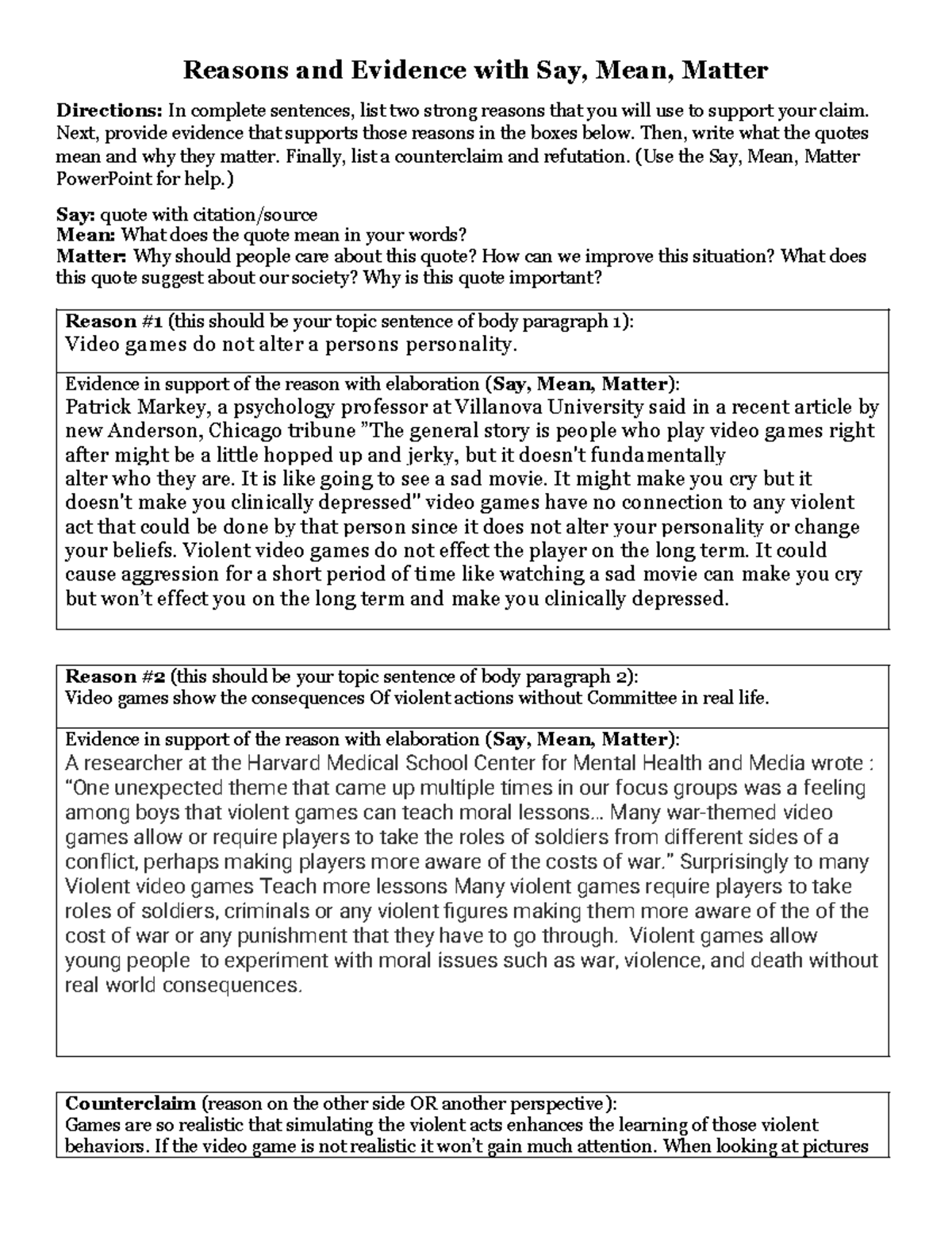 Reasons and Evidence with Say Mean Matter 3 copy - Reasons and Evidence ...