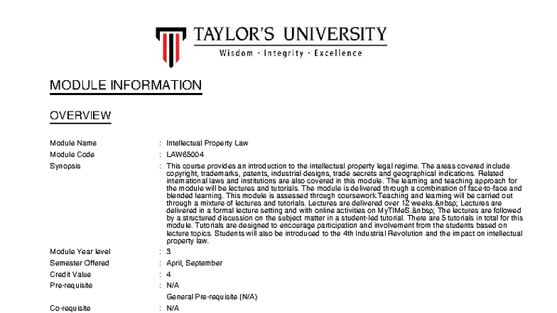 LAW65004: Overview of Intellectual Property Law Module Information ...