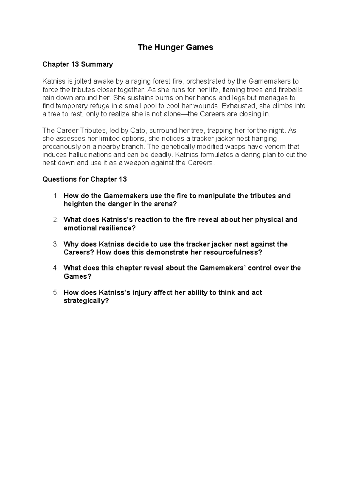 The Hunger Games: Insights and Questions from Chapters 13-14 - Studocu