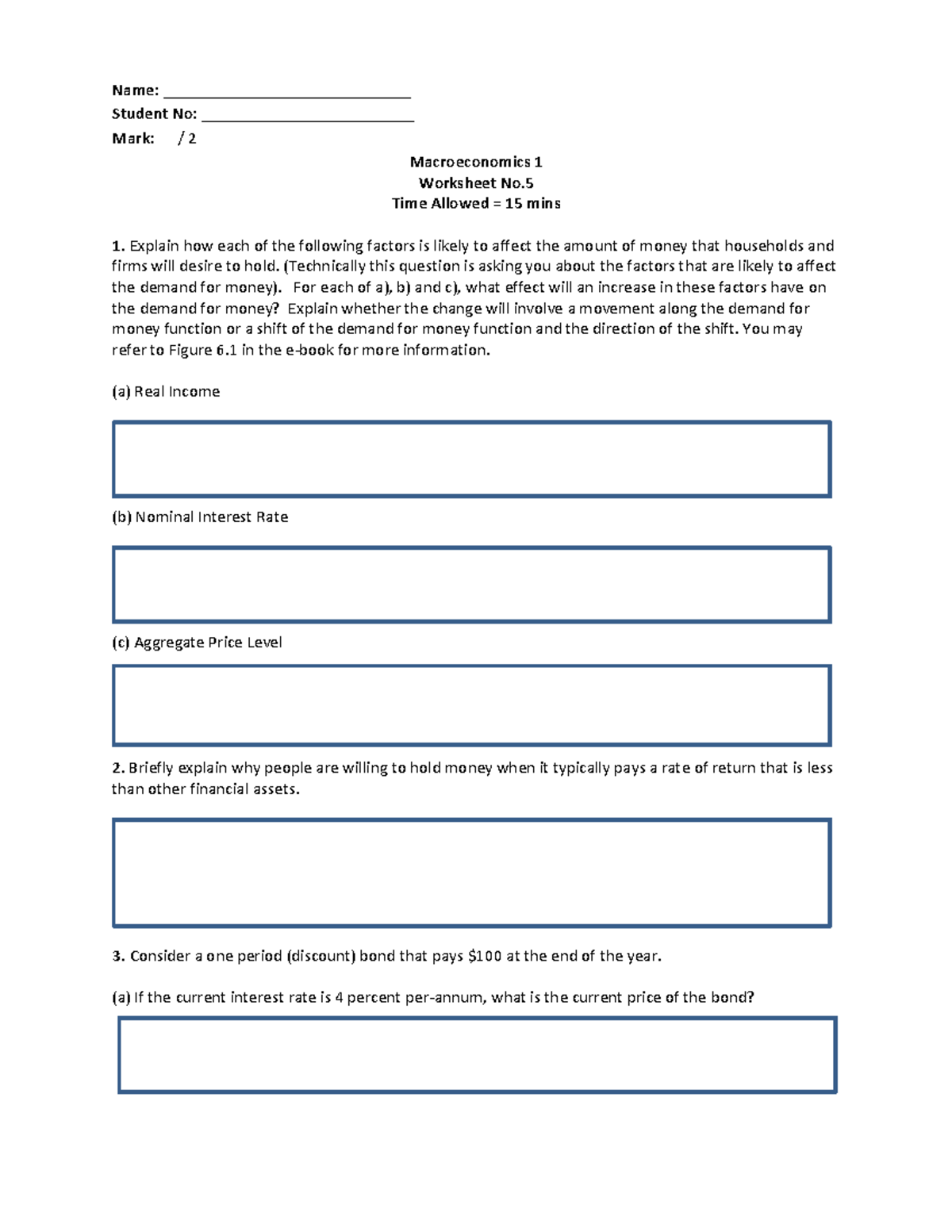 Macroeconomics 1 Worksheet No.5: Demand for Money Analysis - Studocu