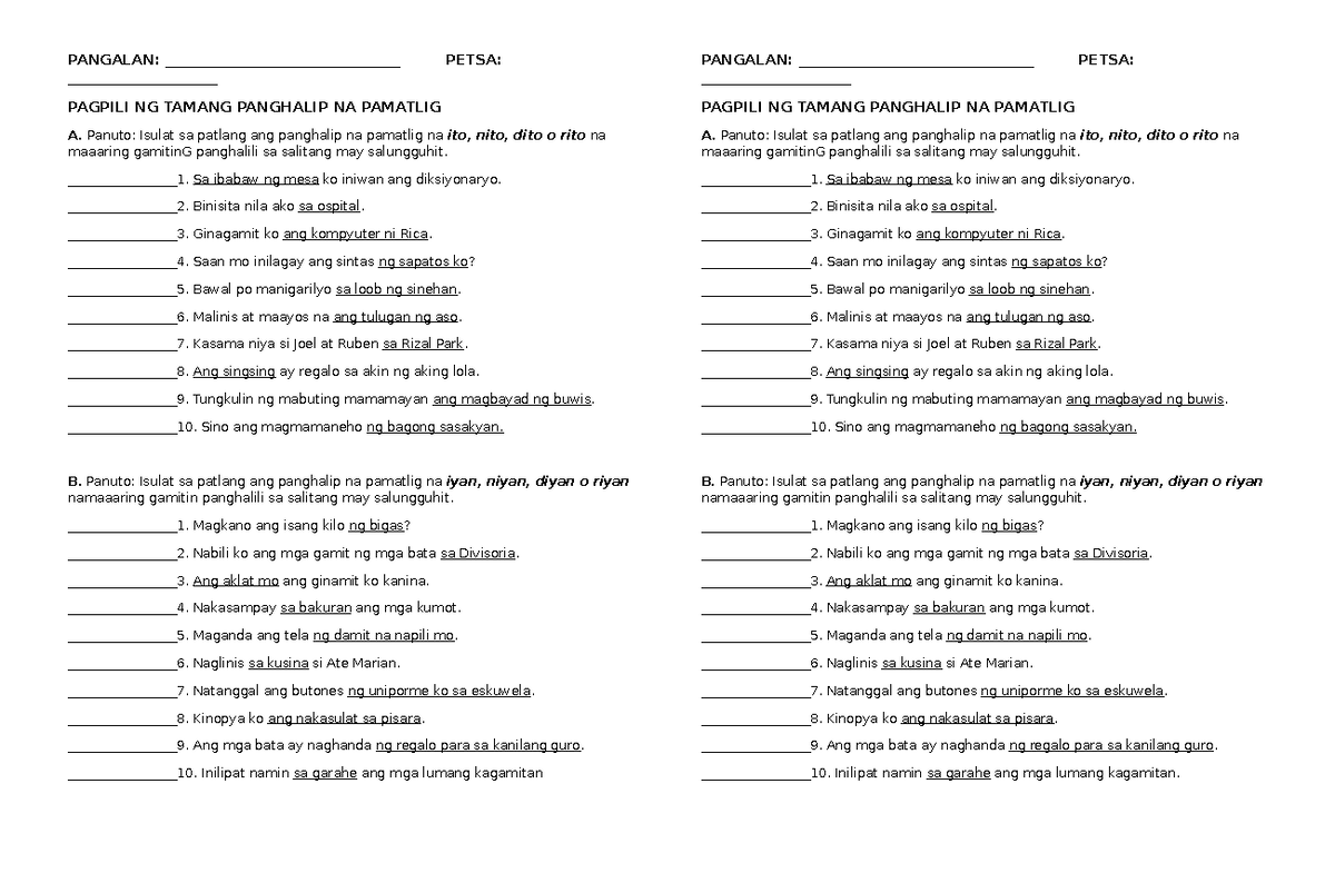 Panghalip na Pamatlig: Mga Pagsasanay at Halimbawa - Studocu