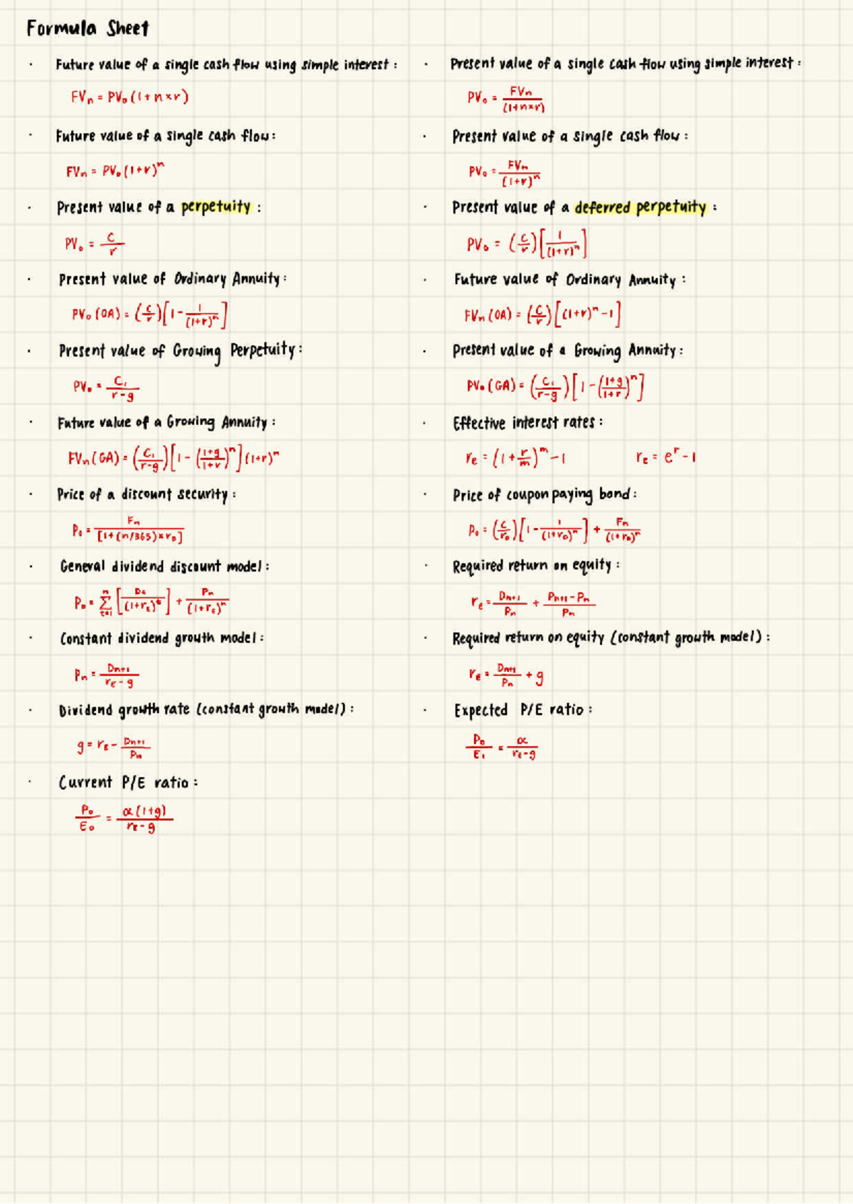 POF Formula Sheet: Future & Present Value Calculations and Models - Studocu