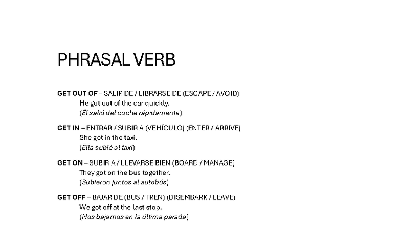 Phrasal Verbs Study Guide: GET, GIVE, TAKE, LOOK, TURN, PUT - Studocu