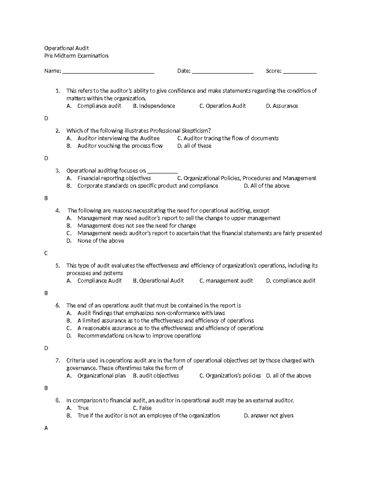 Operational Audit Pre-Midterm Exam Review: Key Concepts and Questions - Studocu