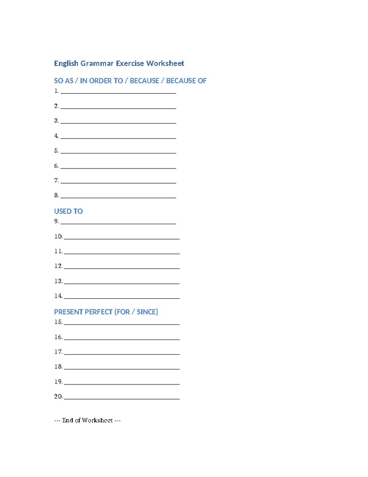 English Grammar Worksheet - English Grammar Exercise Worksheet SO AS ...