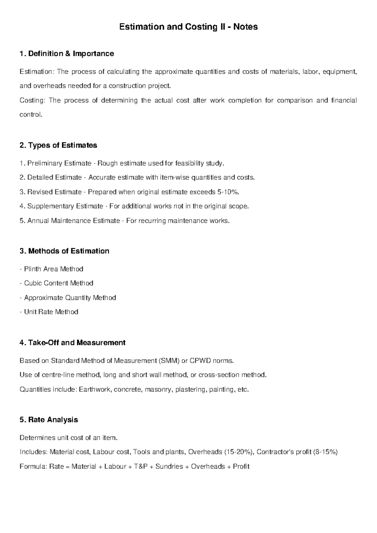 Estimation and Costing II: Comprehensive Study Notes - Studocu