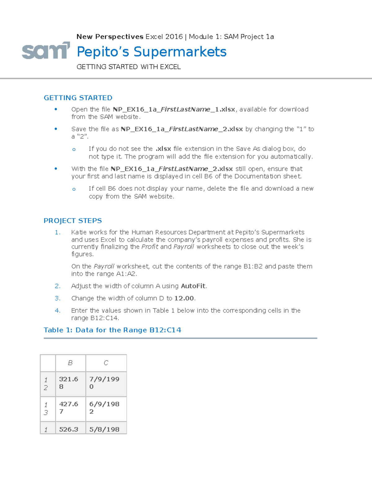 New Perspectives Excel 2016: Module 1 - SAM Project 1a Instructions ...