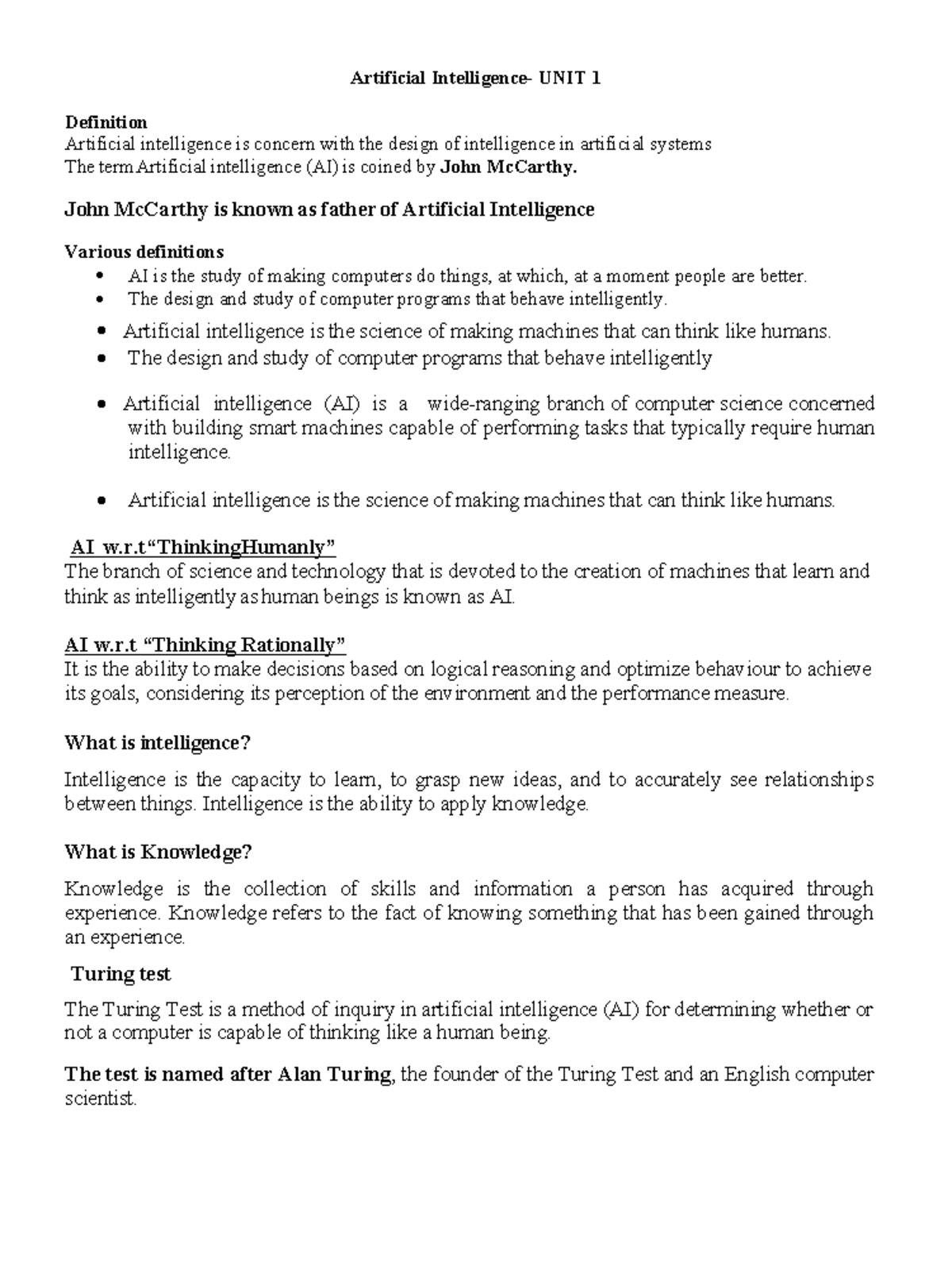 Unit 1: History of AI - Comprehensive Study Notes - Studocu