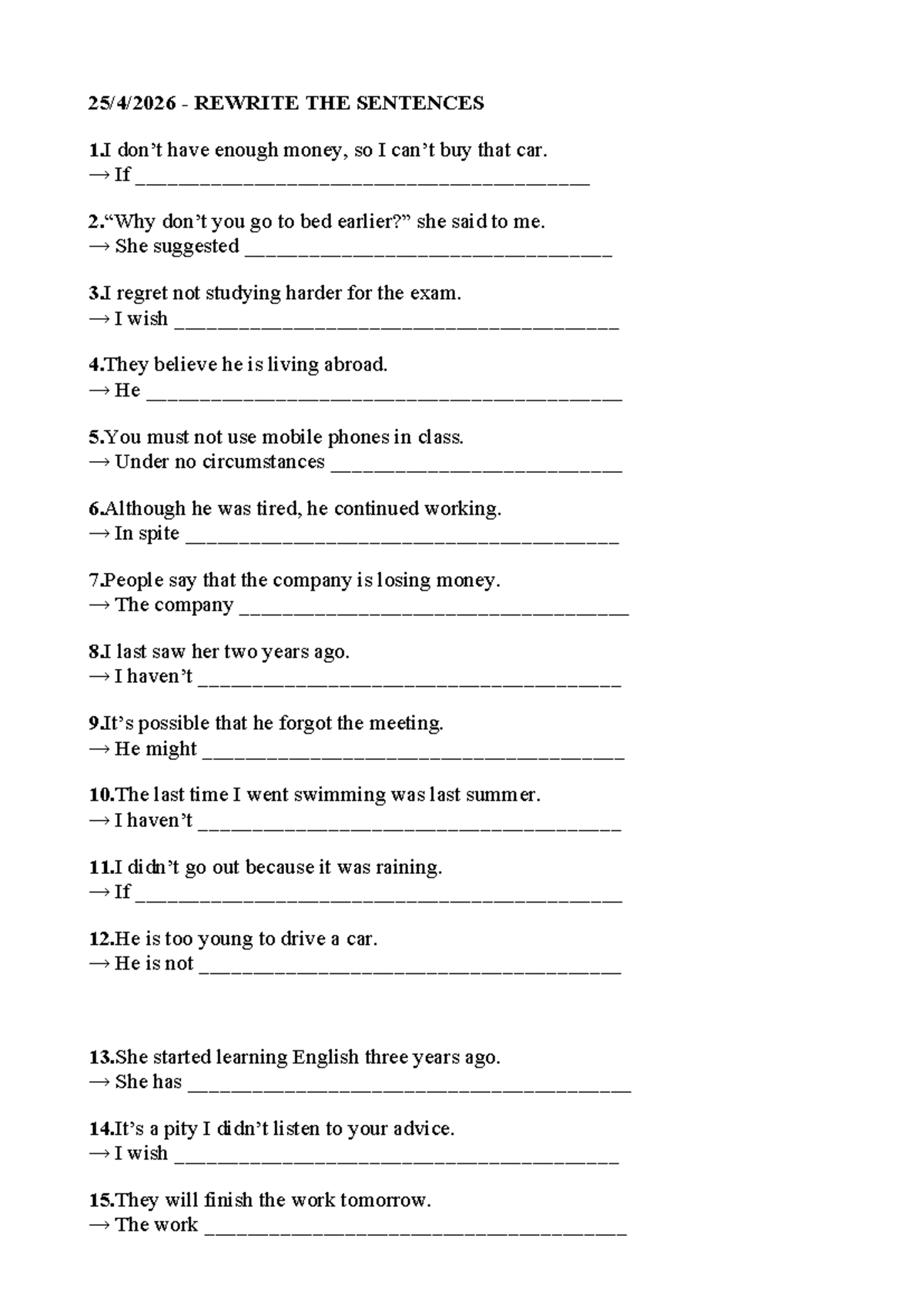 Rewrite the Sentences 1: Grammar Practice and Exercises - Studocu