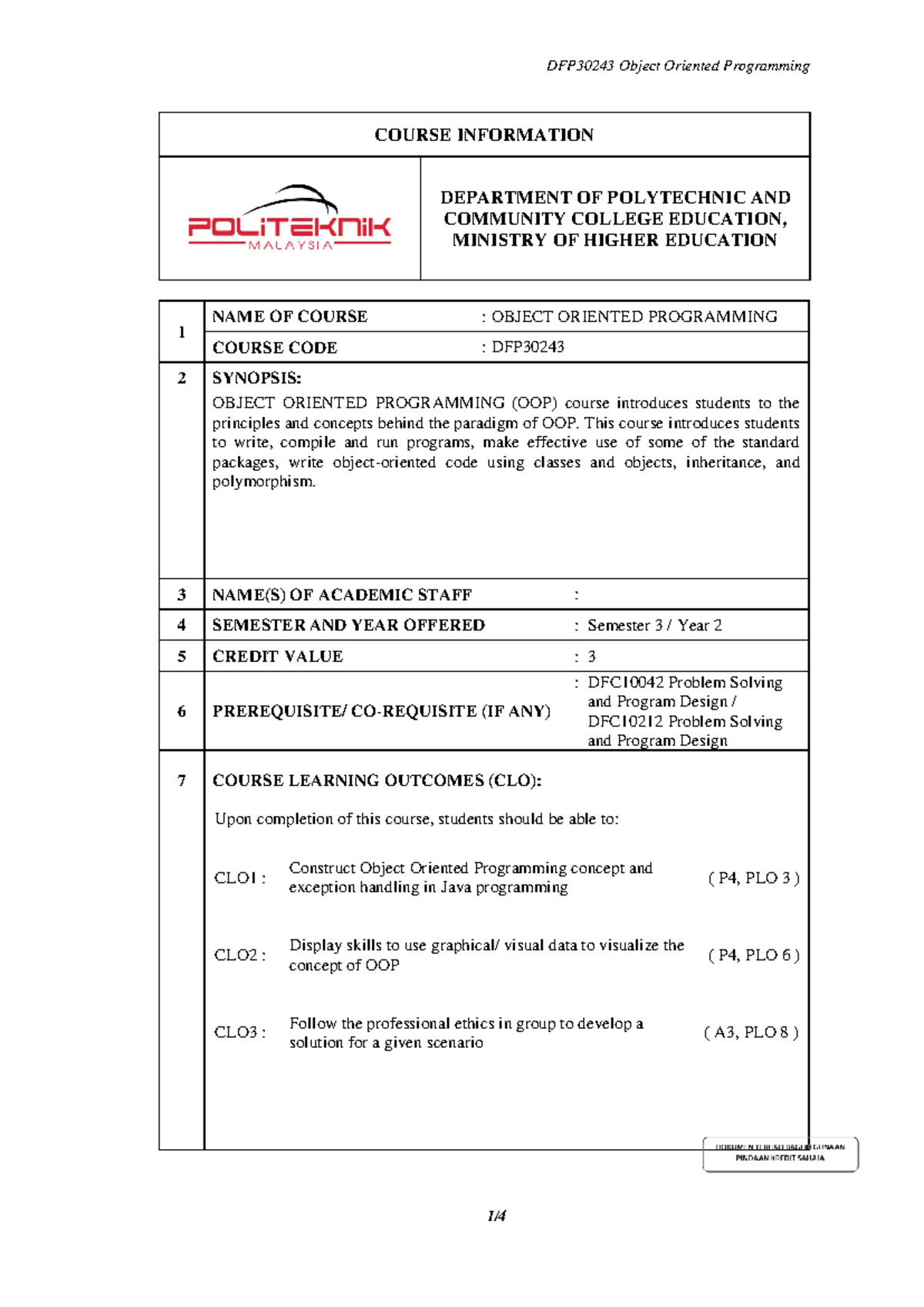 DFP30243 Object Oriented Programming Course Overview and Details - Studocu