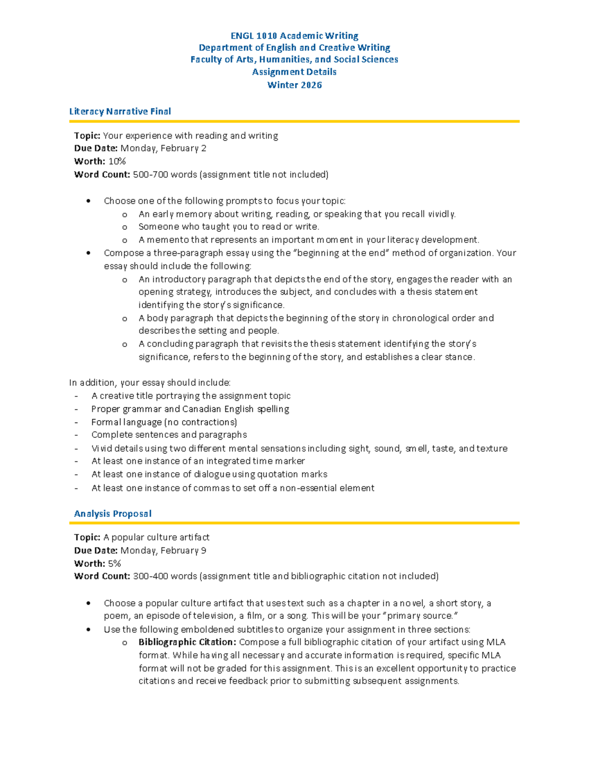 ENGL 1010 Winter 2026 Assignment Details: Literacy Narrative & Analysis ...