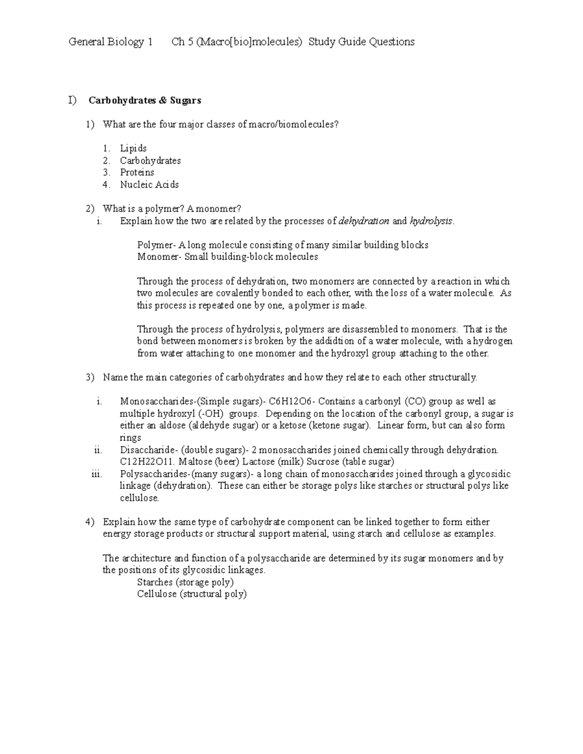 Chapter 5 Study Guide - General Biology 1 I) Ch 5 Study Guide Questions ...