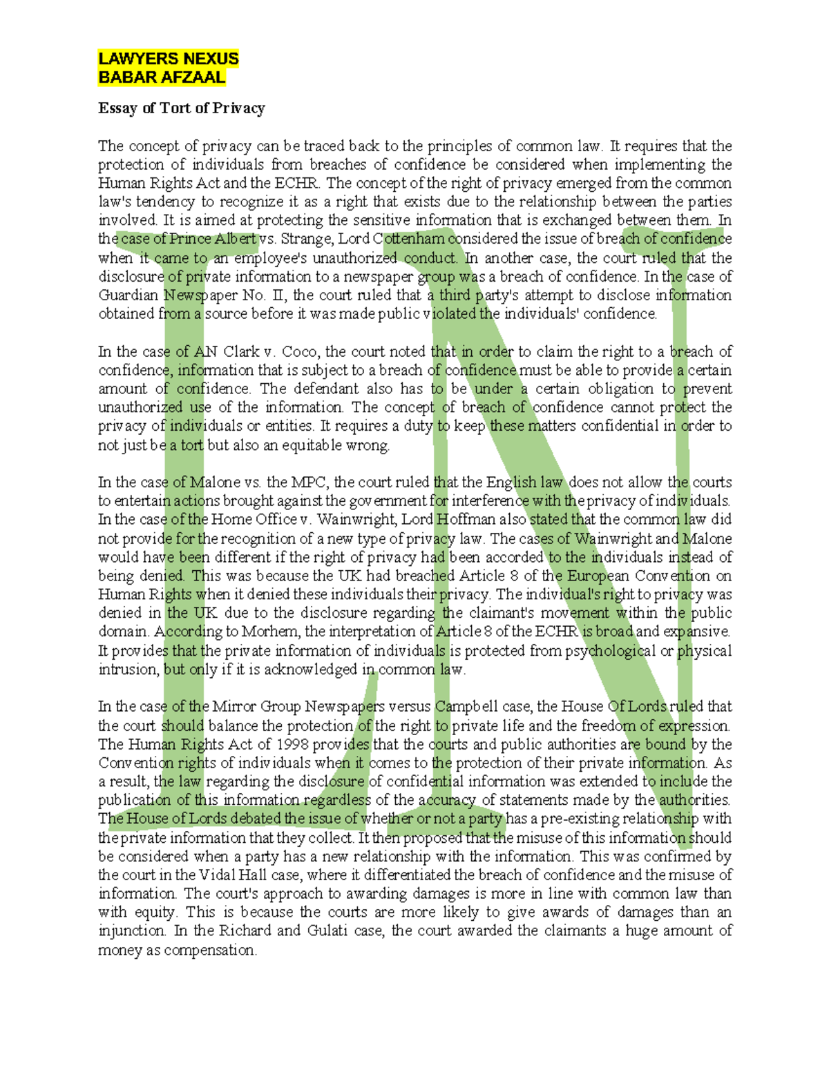 Tort of Privacy Essay Notes - LN -1: Key Principles & Cases - Studocu